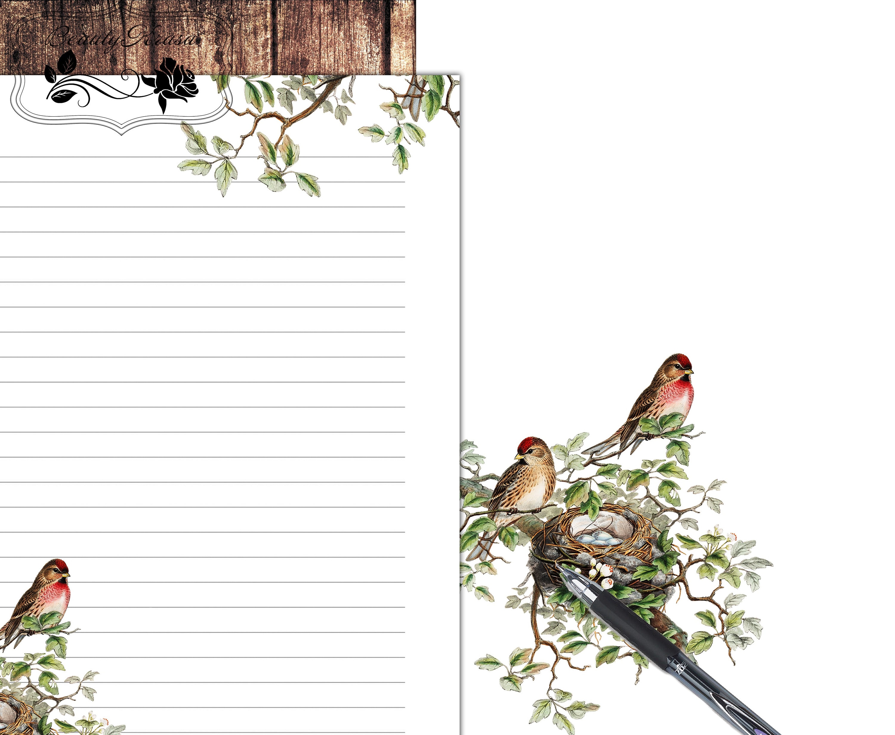 Stationary Set Bird Nest Letter Paper,printable Unlined Lined Paper ...