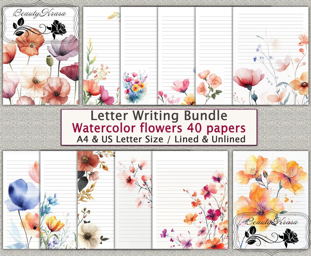Letter Writing Bundle,watercolor Fowers Digital Pdf Stationery Set ...
