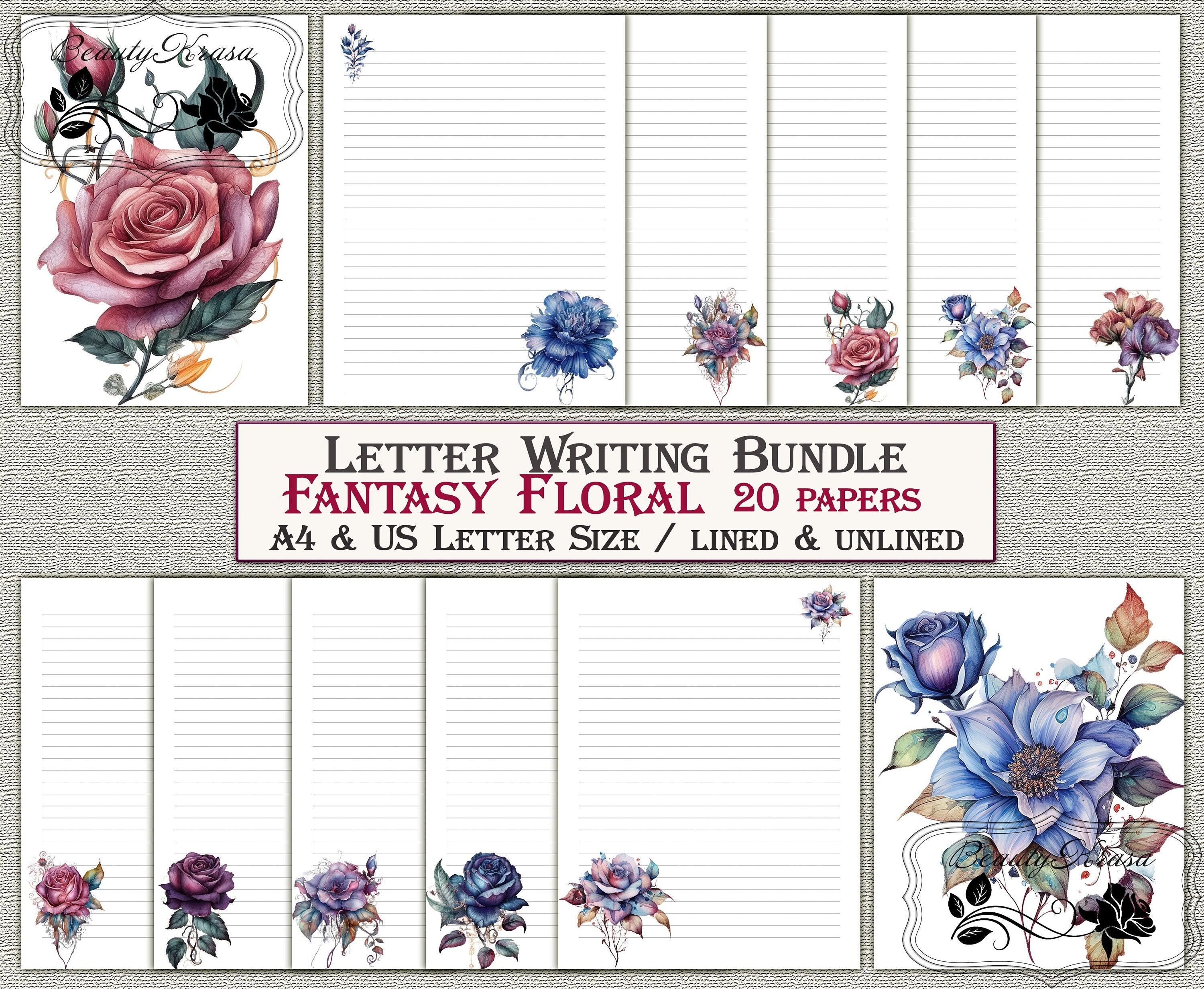 Letter Writing Bundle,printable Pdf Stationery Set Fantasy Floral ...