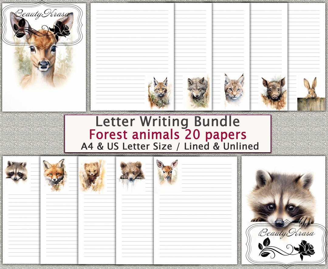 Letter Writing Bundle,digital Pdf Stationery Set Forest Animals,unlined ...