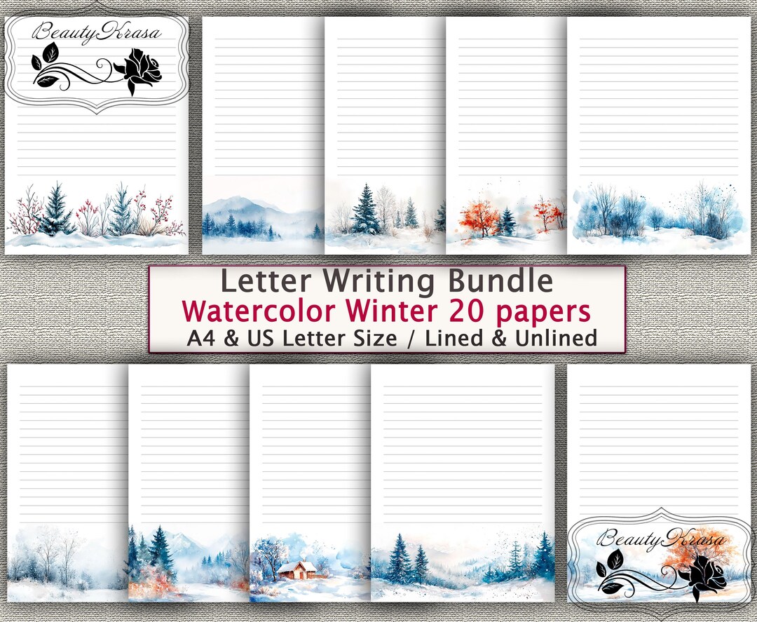 Letter Writing Bundle, Watercolor Winter PDF Printable Stationery ...