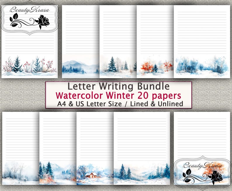Letter Writing Bundle, Watercolor Winter PDF Printable Stationery ...