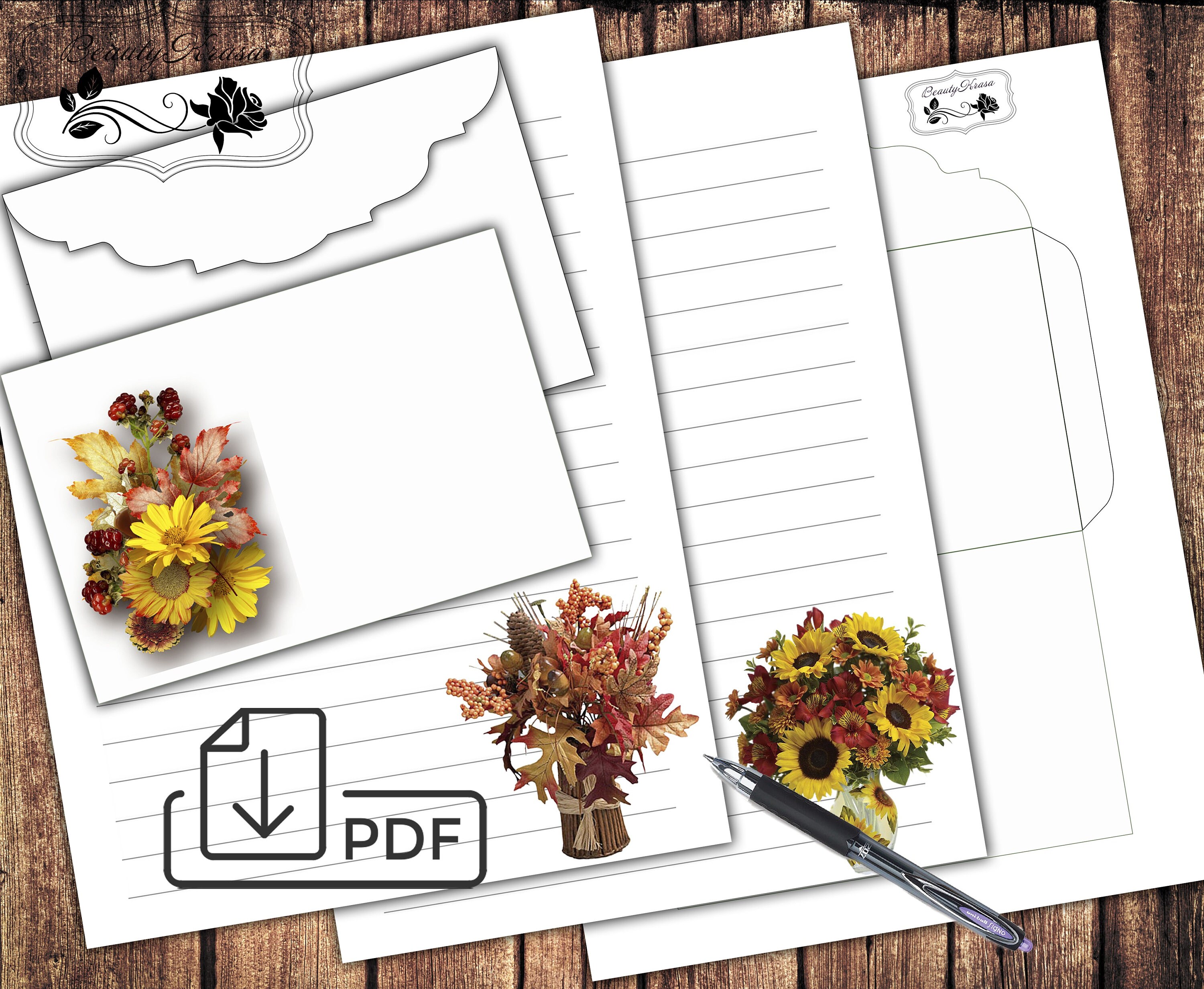 Stationary Set,printable Botanical Letter Writing Lined Paper&envelope ...