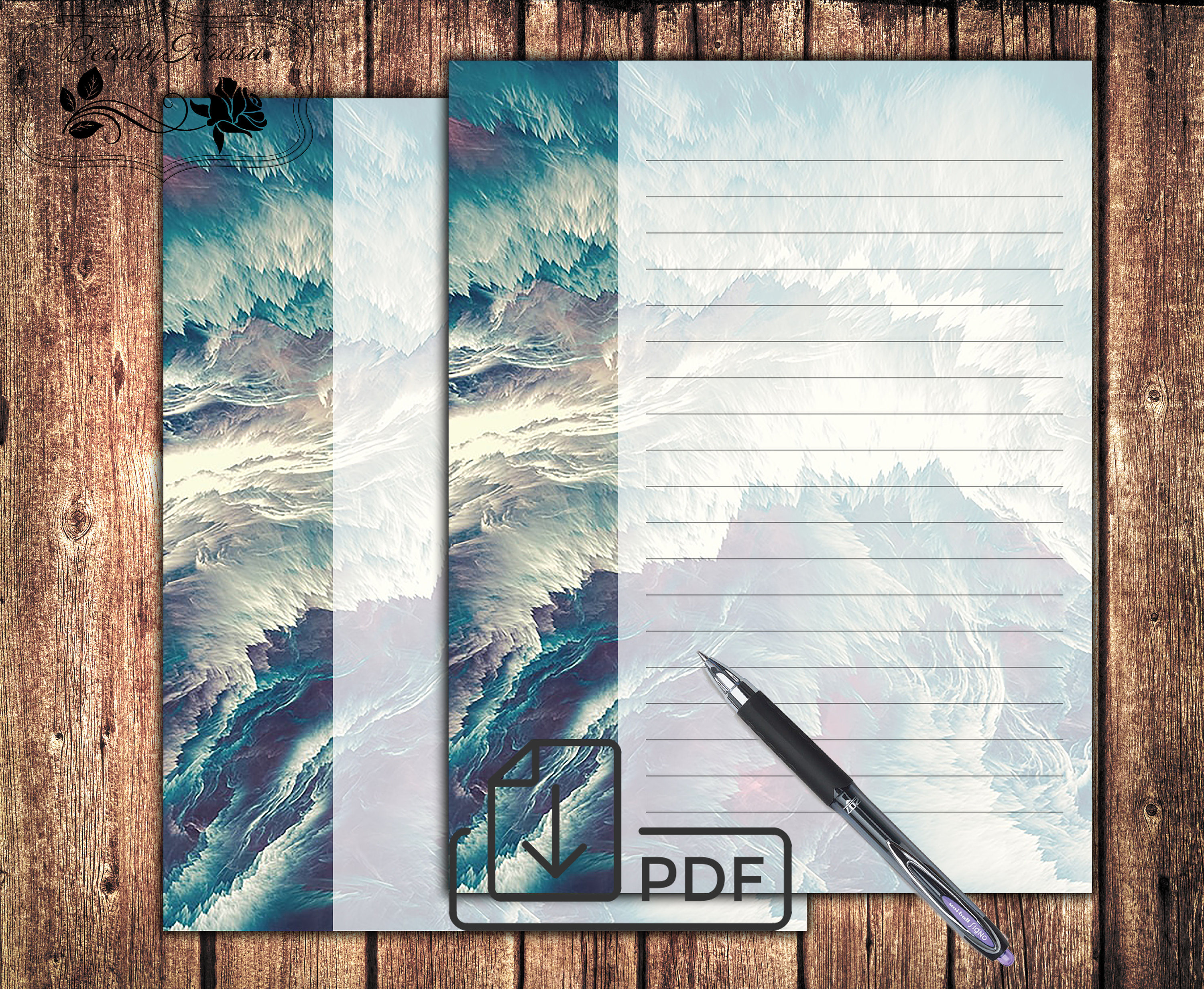 Printable Letter Blue Writing Paper,stationery Set,lined Unlined Paper ...