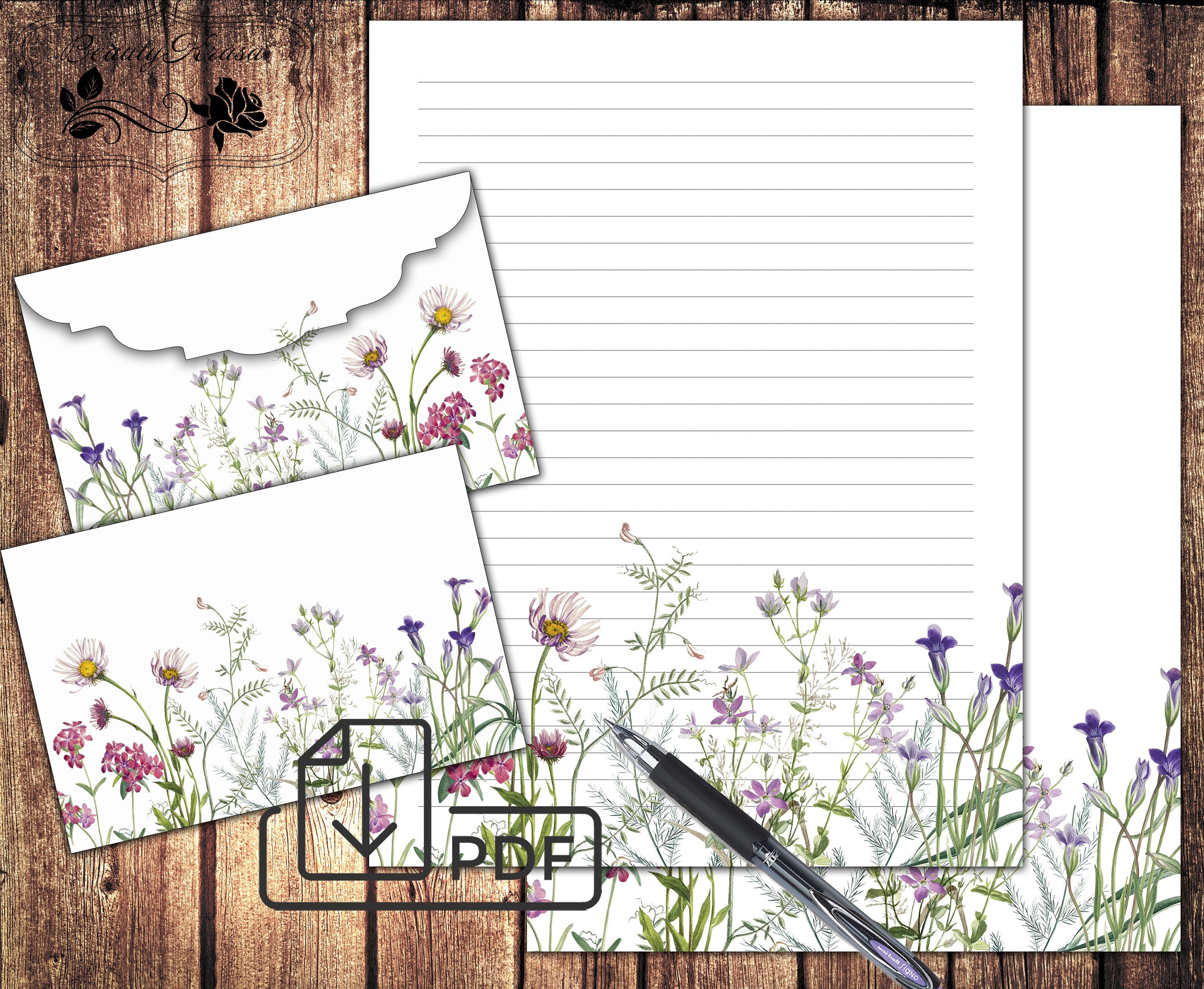 Vintage Wildflowers Printable Stationery,letter Writing Set Watercolor ...