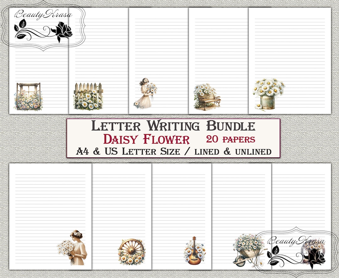 Bundle Letter Writing,daisy Flower PDF Stationery Set,unlined Lined 20 ...