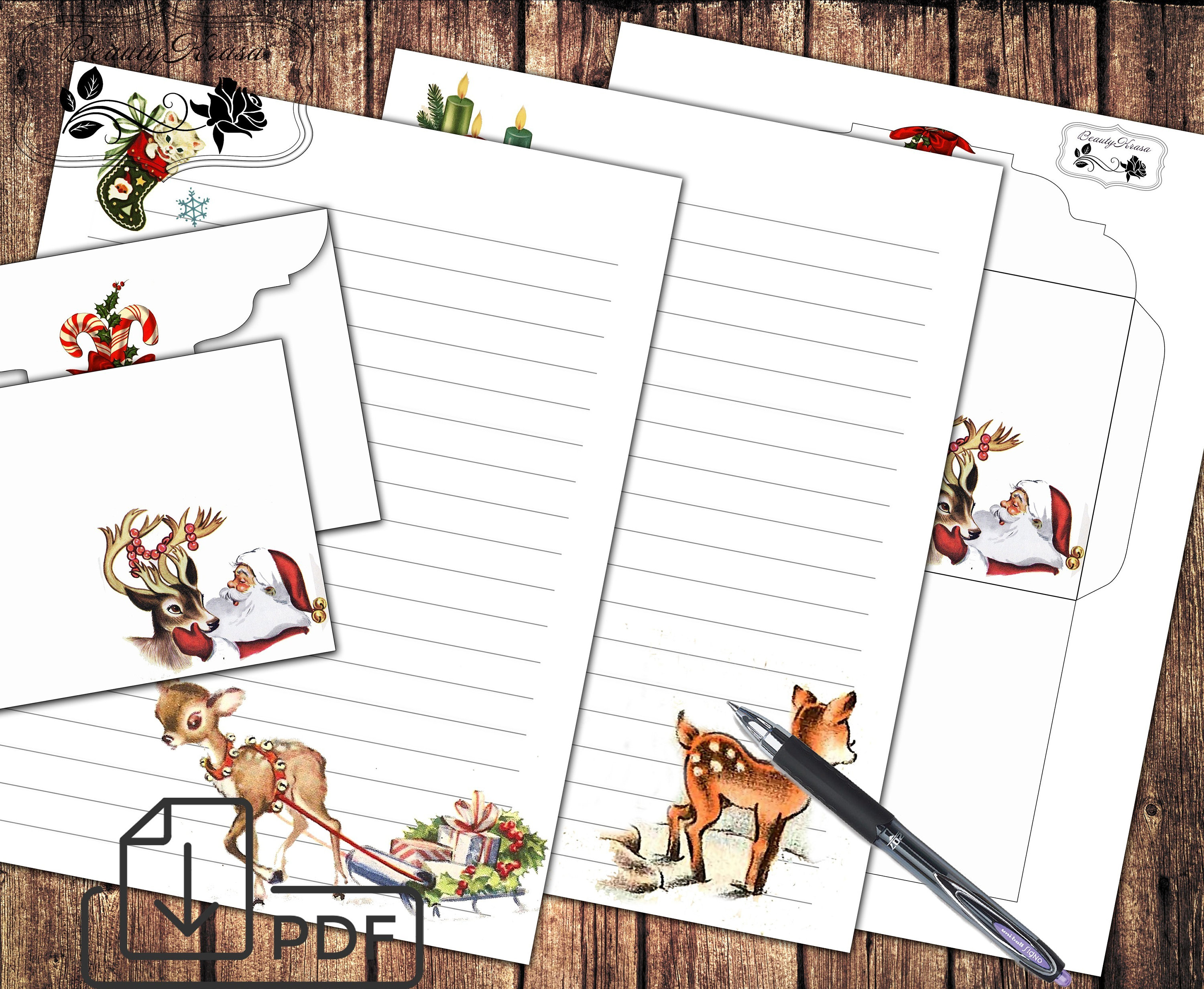 Vintage Printable Christmas Deer Stationary Digital Set,letter Writing ...