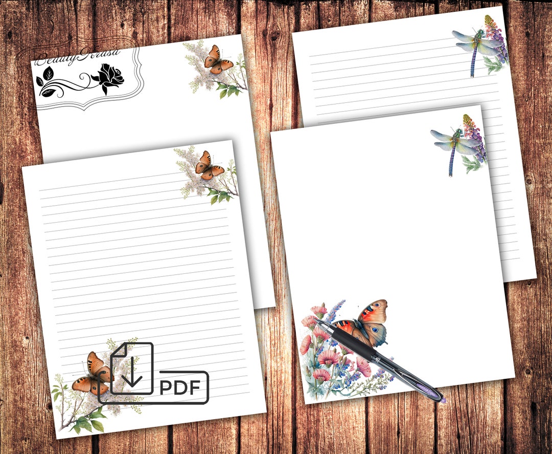 Printable Stationary Set Butterfly,letter Writing Paper,unlined Lined ...