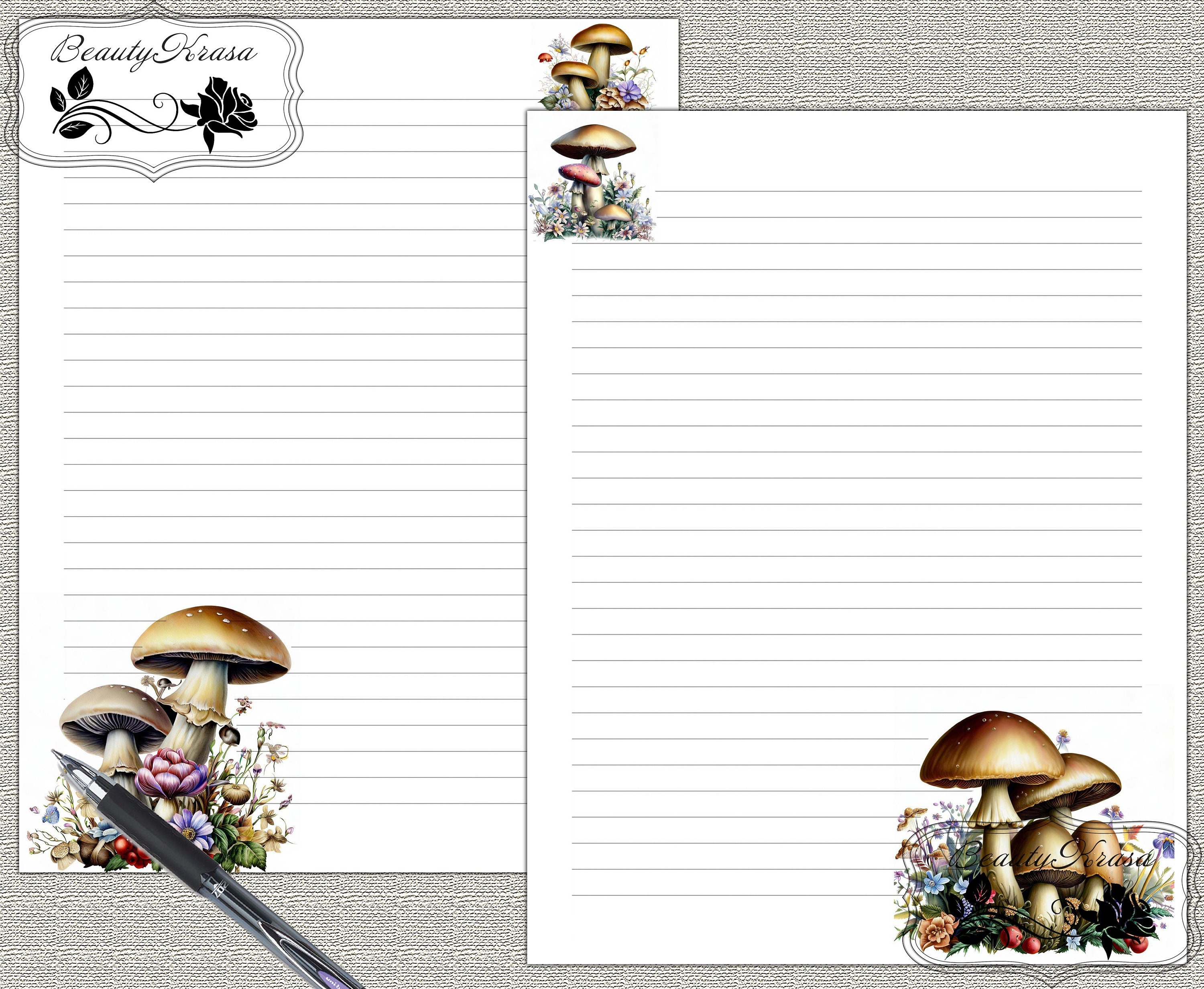 Letter Bundle Writing Stationery Set,printable Stationary Pdf Mushrooms ...