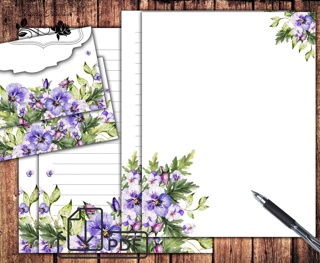 Stationary Set,printable Floral Letter Writing Paper&envelope Pansies ...