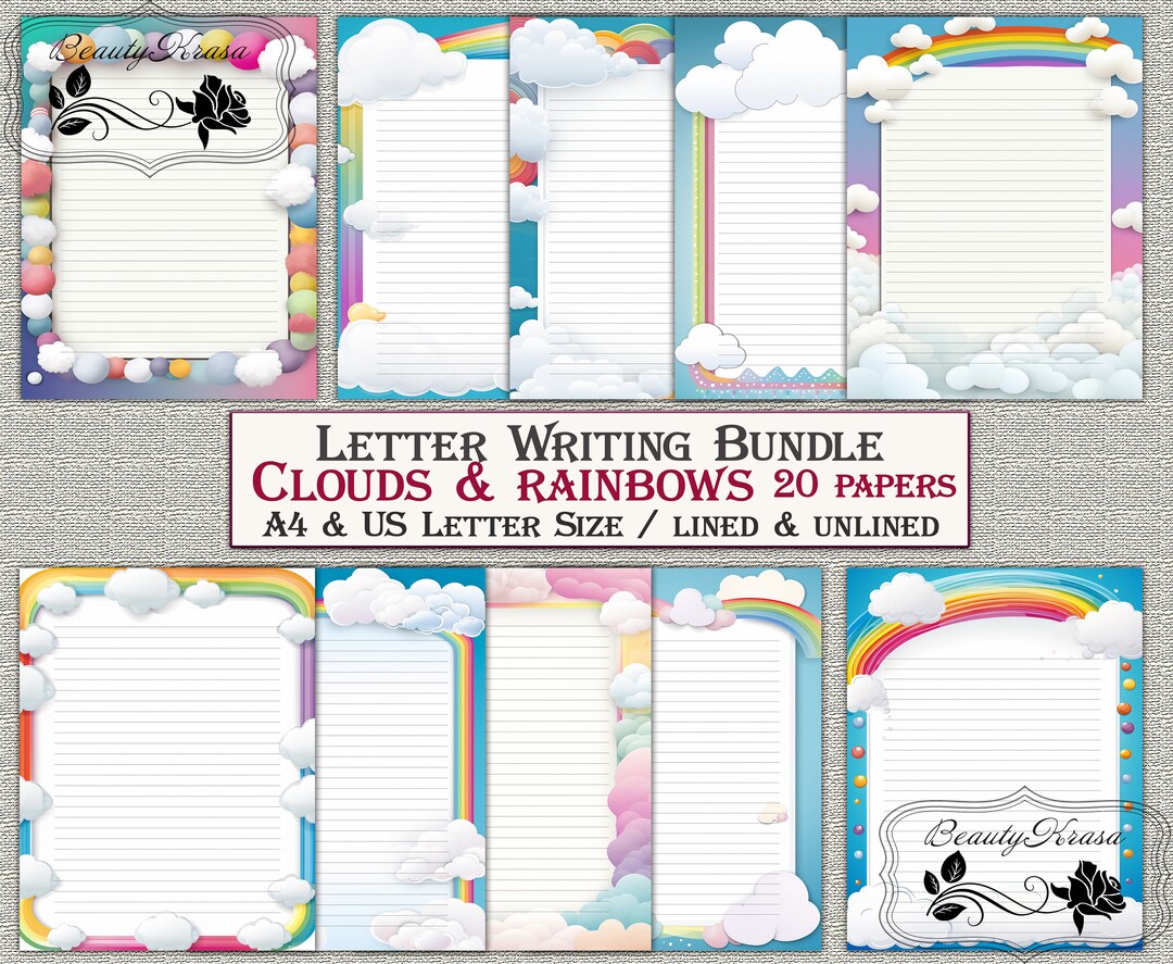 Letter Writing Bundle, Clouds & Rainbows Printable Stationery,unlined ...