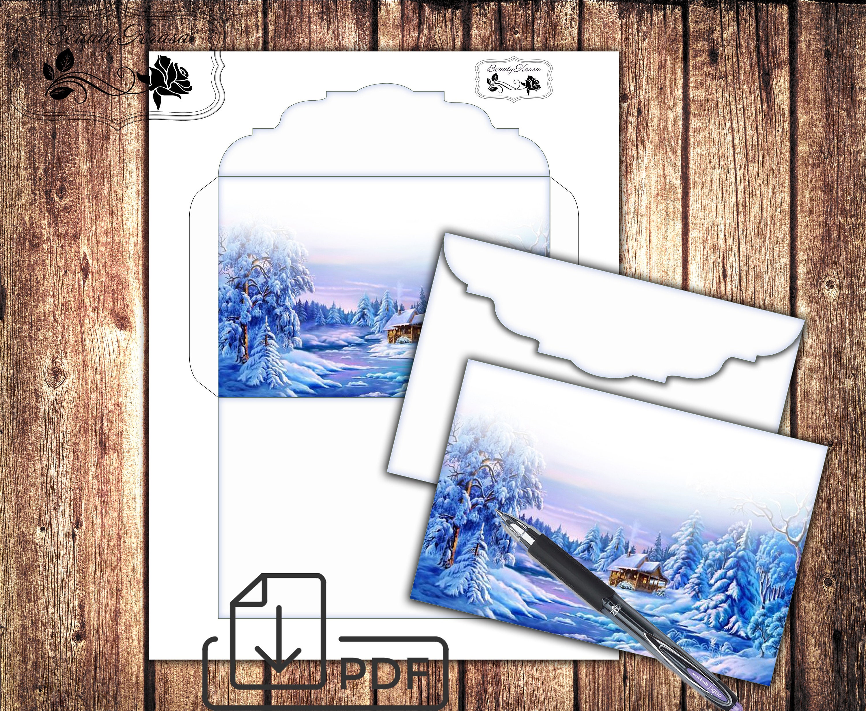 Printable Stationary Digital Set Winter Landscape,letter Writing Paper ...