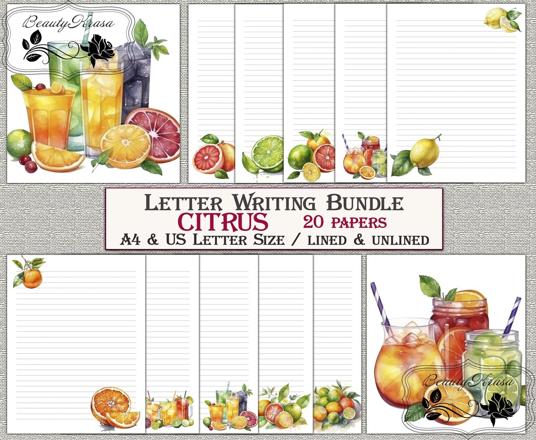 Letter Writing Bundle,printable Pdf Stationery Set Citrus,unlined Lined ...