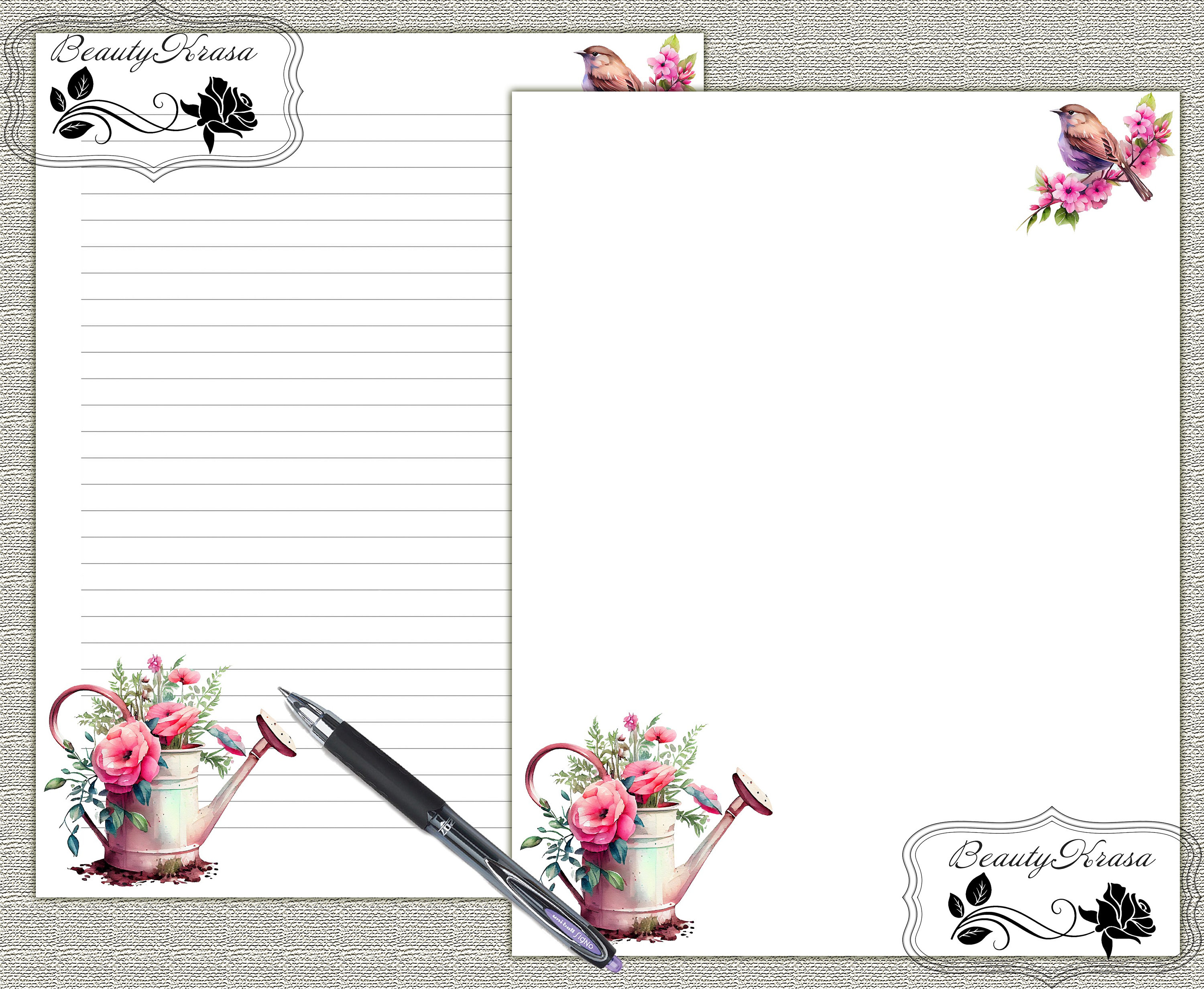 Letter Writing Bundle,printable Pdf Stationery Set Pink Flower,unlined ...