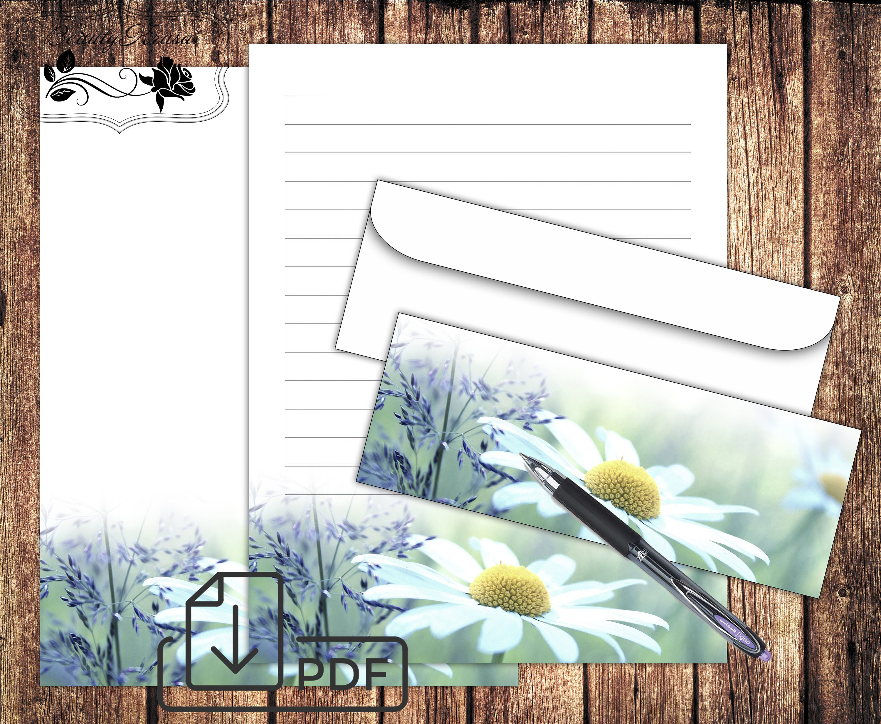 Letter Writing Paper Daisy,stationery Set,printable Botanical Papers ...