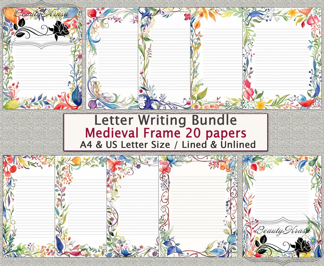 Letter Writing Bundle, Medieval Frame Digital Stationery,unlined Lined ...