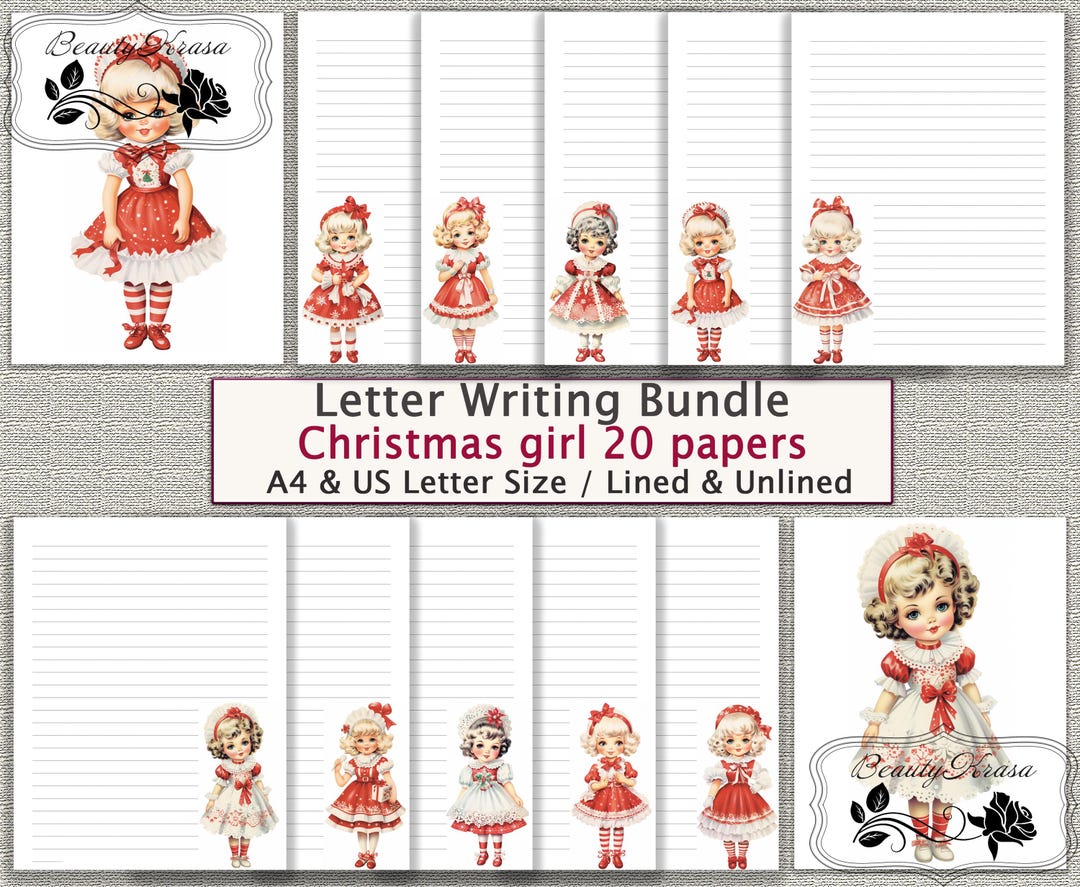Letter Writing Bundle, Christmas Girl 50s Digital Pdf Stationery Set ...