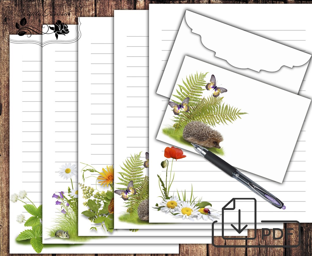 Stationary Set,printable Botanical Letter Writing Lined Paper&envelope ...
