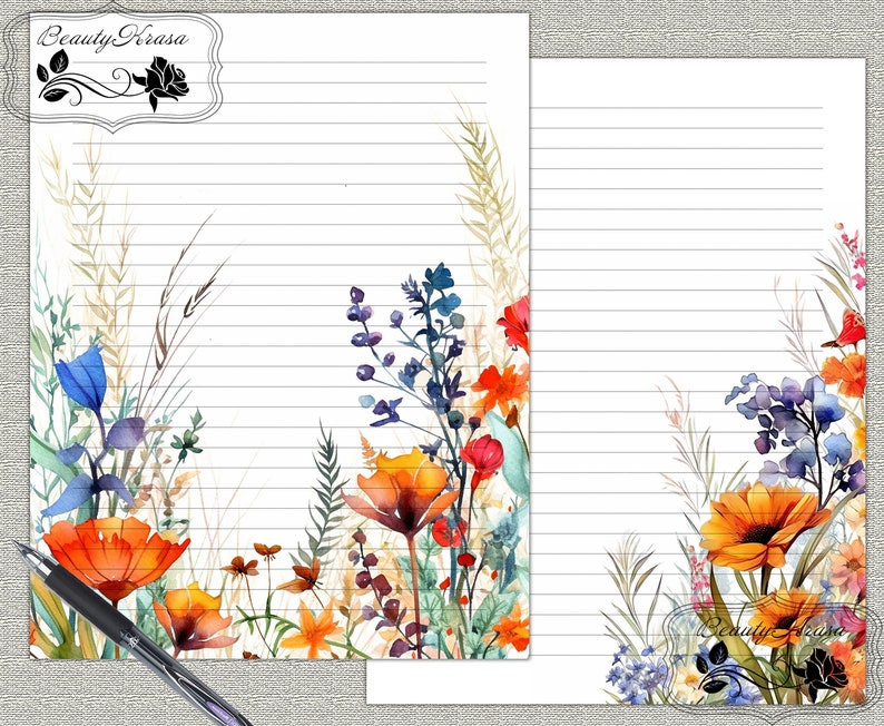 Letter Writing Bundle,meadow Flowers Printable Stationery,unlined Lined ...