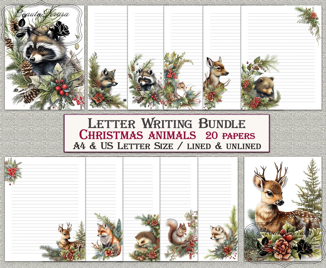 Letter Writing Bundle, Christmas Animals Printable Stationery,unlined ...