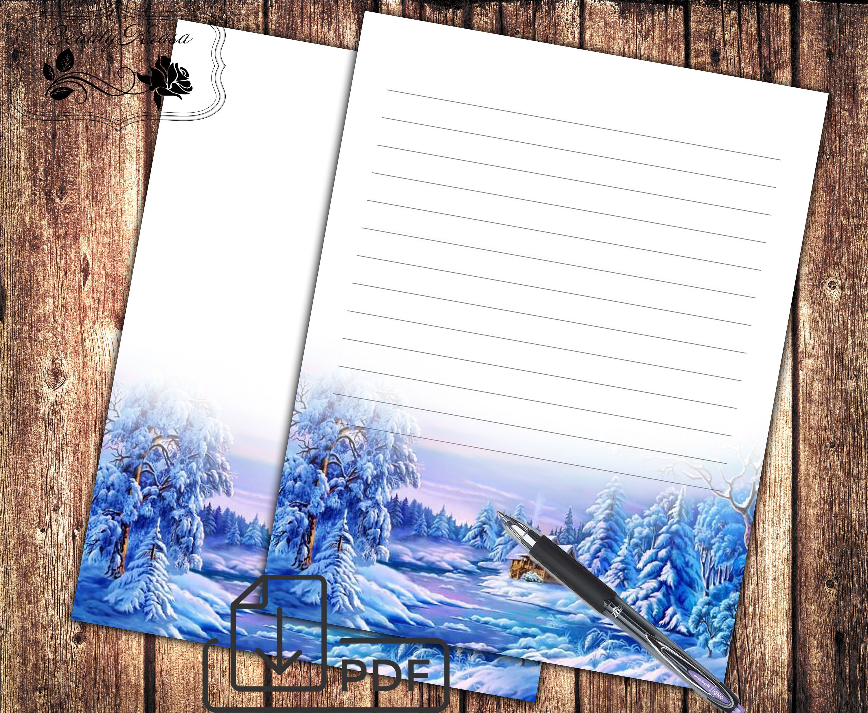 Printable Stationary Digital Set Winter Landscape,letter Writing Paper ...