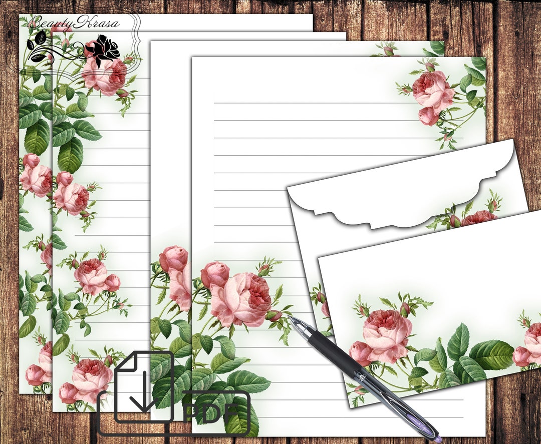 Stationary Set,printable Floral Letter Writing Paper&envelope Roses ...