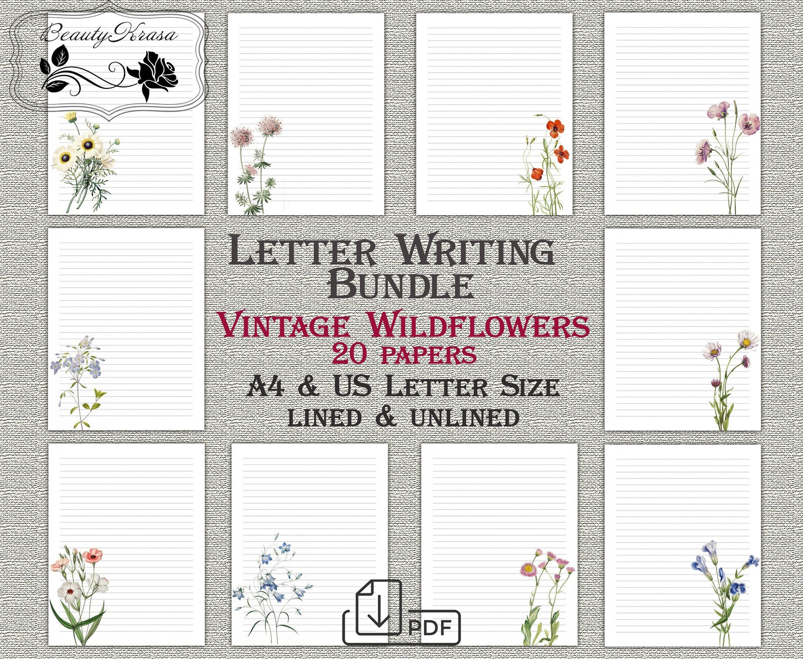 Letter Writing Bundle,vintage Wildflowers Printable Stationery,unlined ...