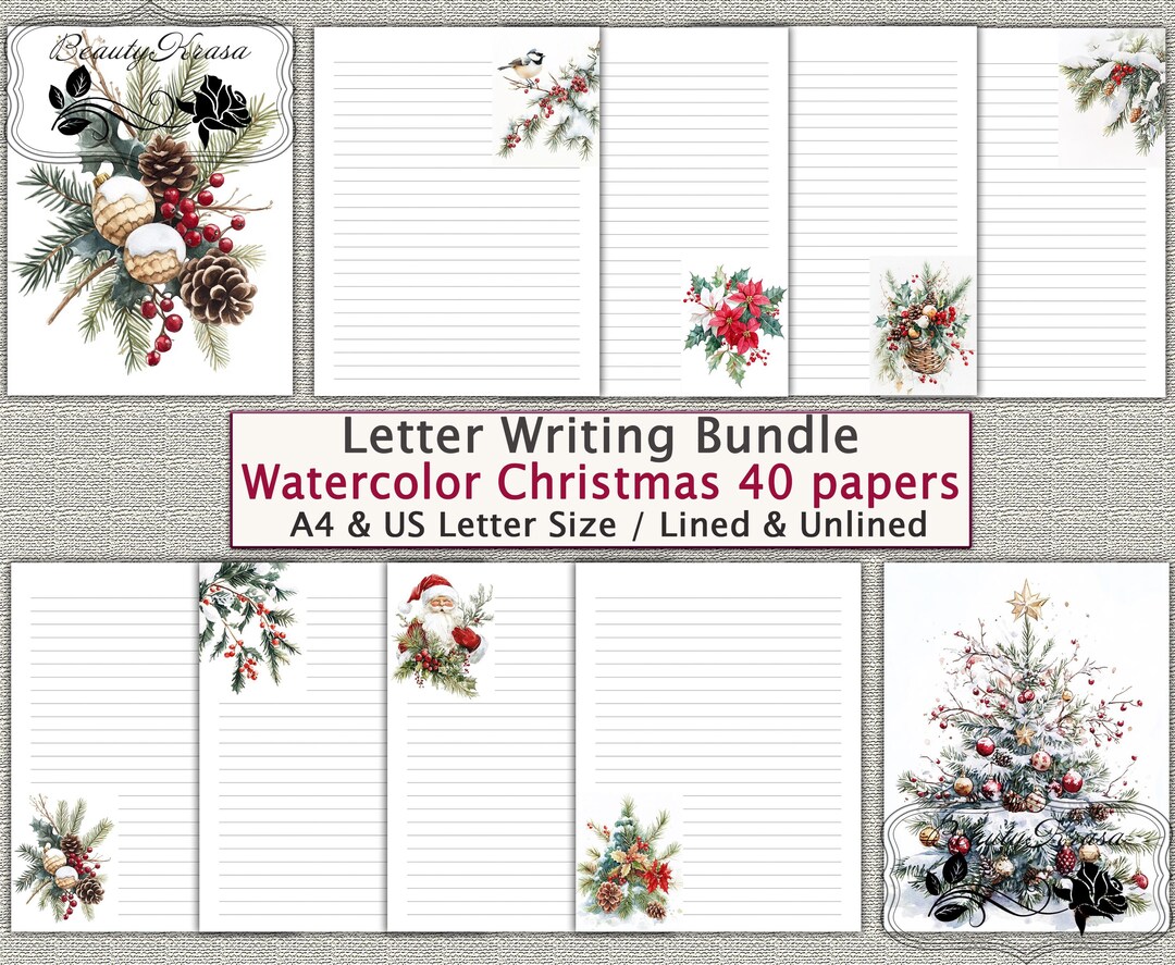 Letter Writing Bundle, Watercolor Christmas Digital Pdf Stationery Set ...