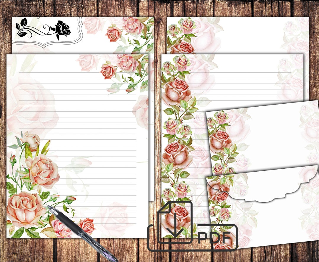 Stationary Set Roses,printable Letter Writing Paper,unlined Lined Paper ...