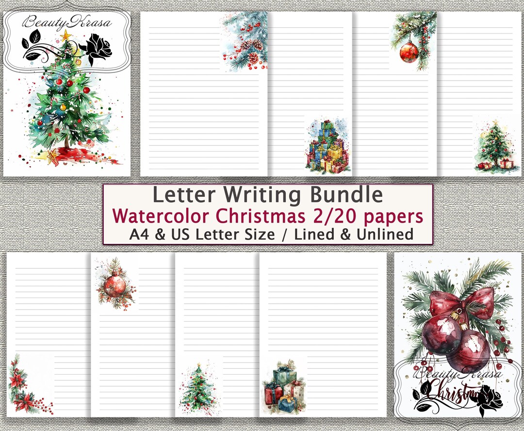 Letter Writing Bundle, Watercolor Christmas-2 Digital Pdf Stationery ...