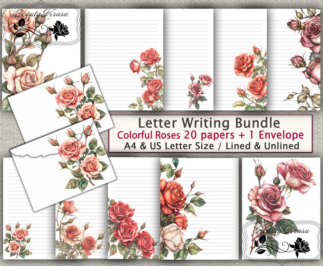 Letter Writing Bundle, Colorful Roses Digital Pdf Stationery Set ...