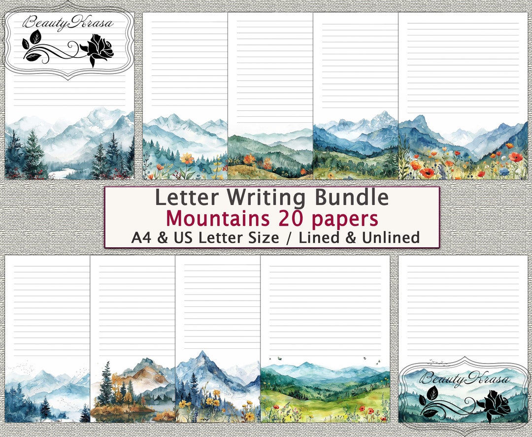 Letter Writing Bundle, Mountains Digital Stationery Set,unlined Lined ...