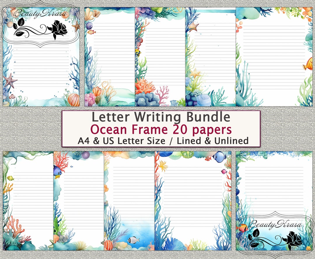 Letter Writing Bundle, Ocean Frame PDF Stationery,unlined Lined 20 ...