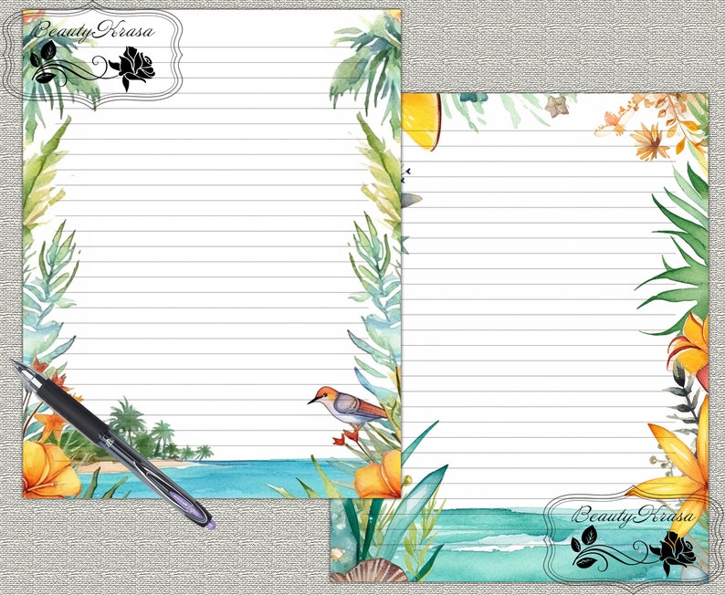 Letter Writing Bundle,summer Beach Printable Stationery,unlined Lined ...