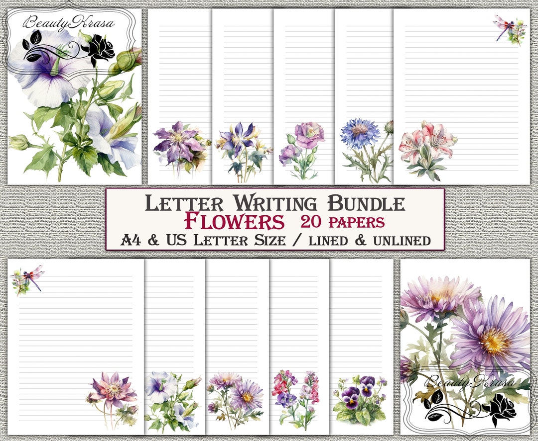 Letter Writing Bundle,flowers Printable Stationery,unlined Lined 20 ...