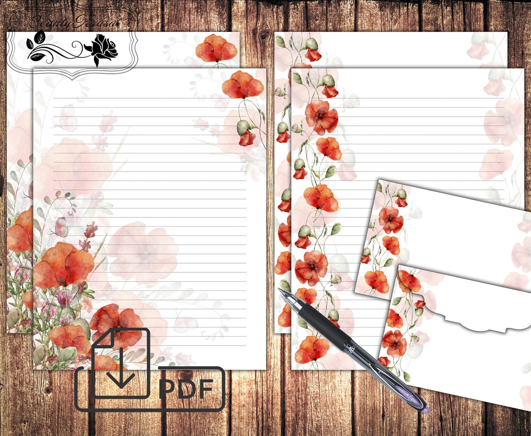 Stationary Set Poppy Decor,printable Letter Writing Paper,unlined Lined ...
