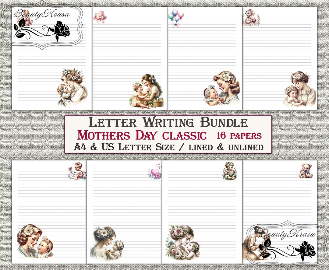 Letter Bundle Writing Stationery Set,mother's Day Pdf,unlined Lined 16 ...