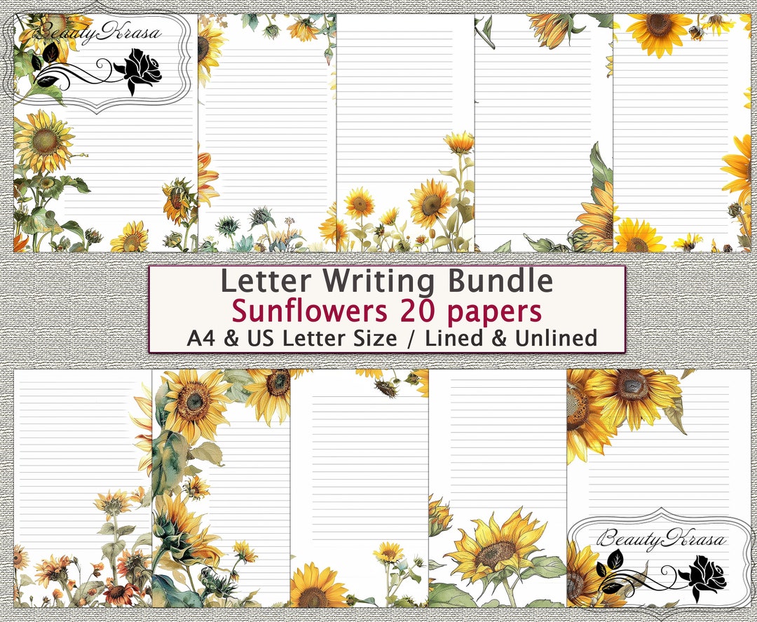Letter Writing Bundle, Sunflowers PDF Stationery,unlined Lined 20 ...