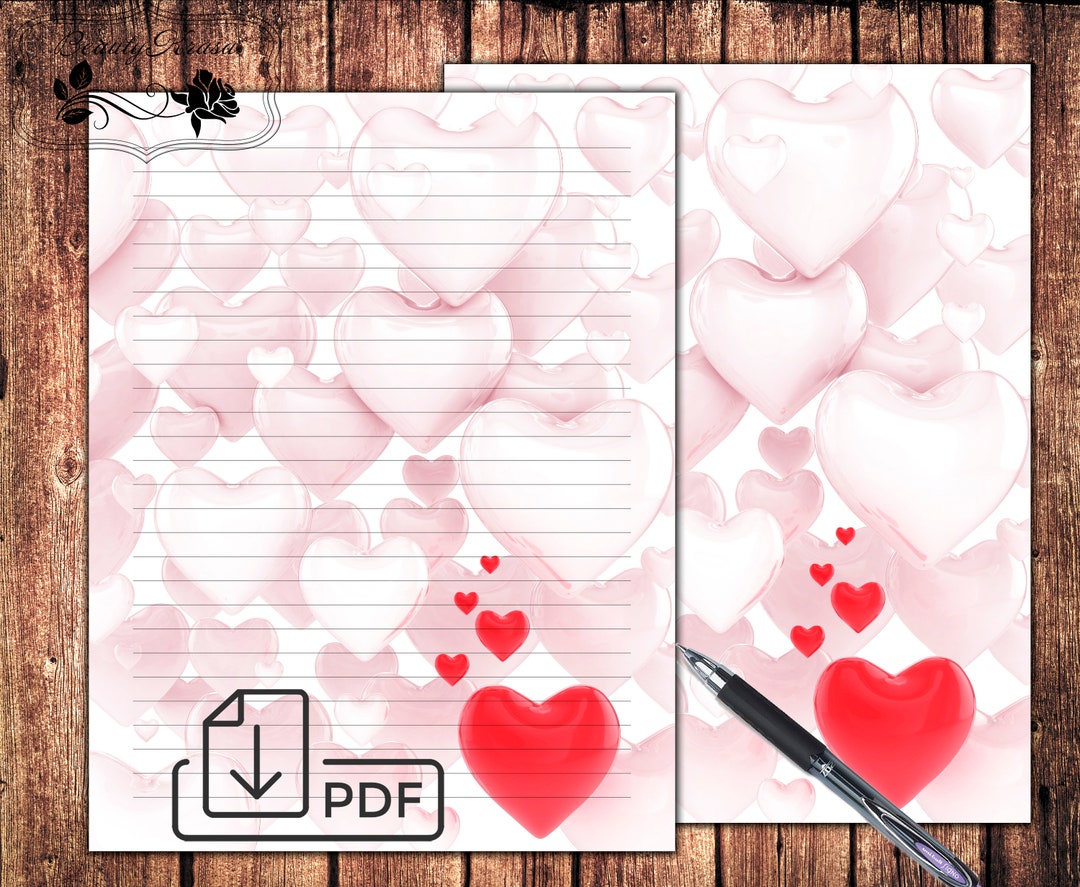 Valentines Day Stationery Printable, Hearts Letter Writing Unlined ...