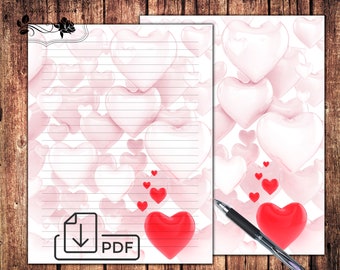 Printable Stationery, Watercolor, Hearts, Pink and Red, Pretty, Lined ...