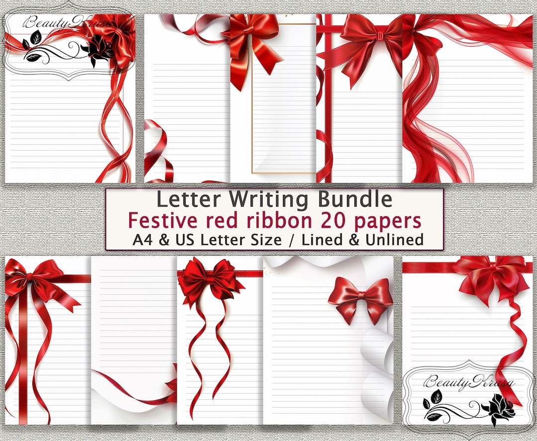 Letter Writing Bundle, Festive Red Ribbon PDF Stationery,unlined Lined ...