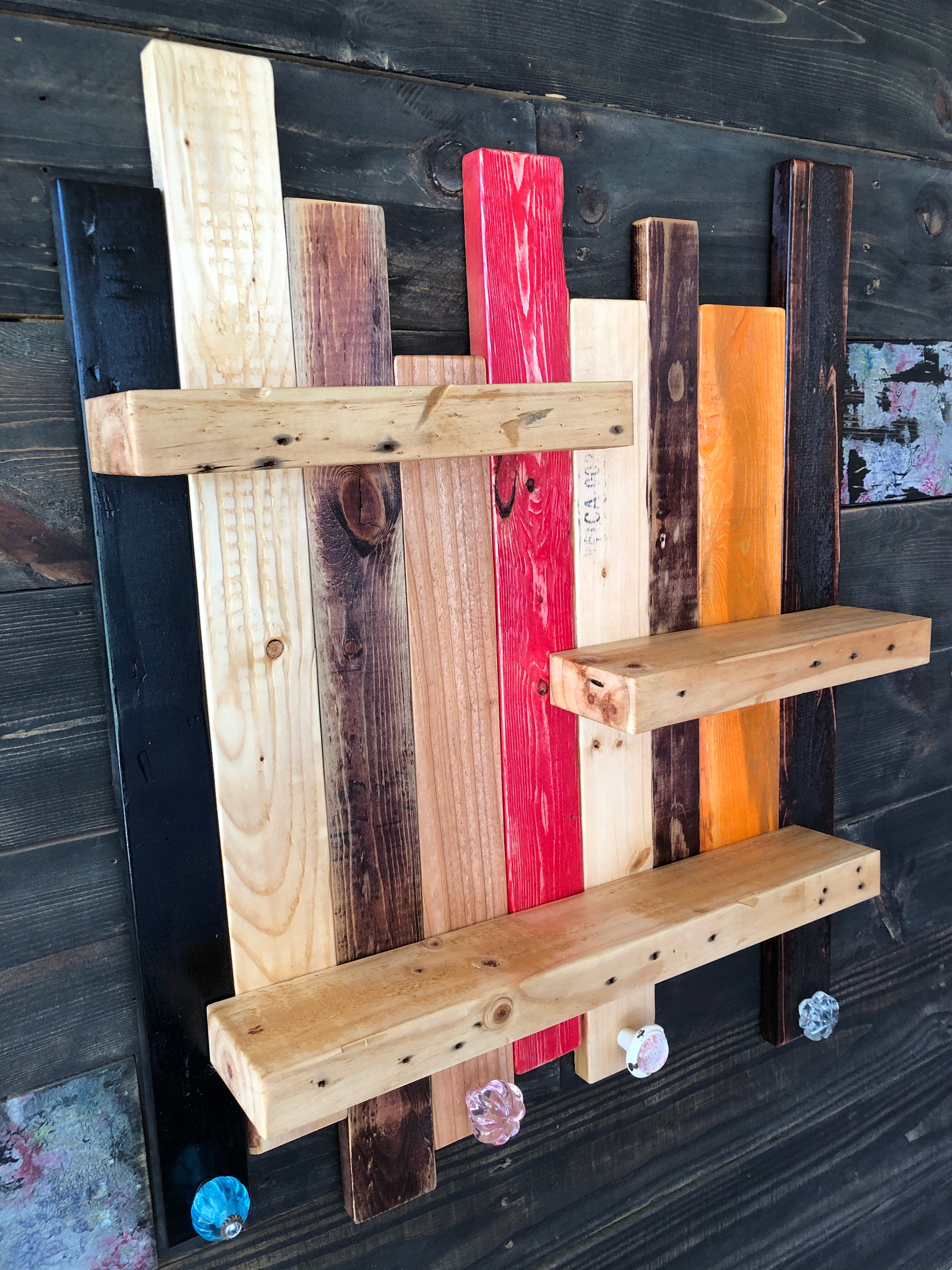 Reclaimed Wood Wall Shelf W/knobs, Living Room Wall Shelf, Rustic Coat ...