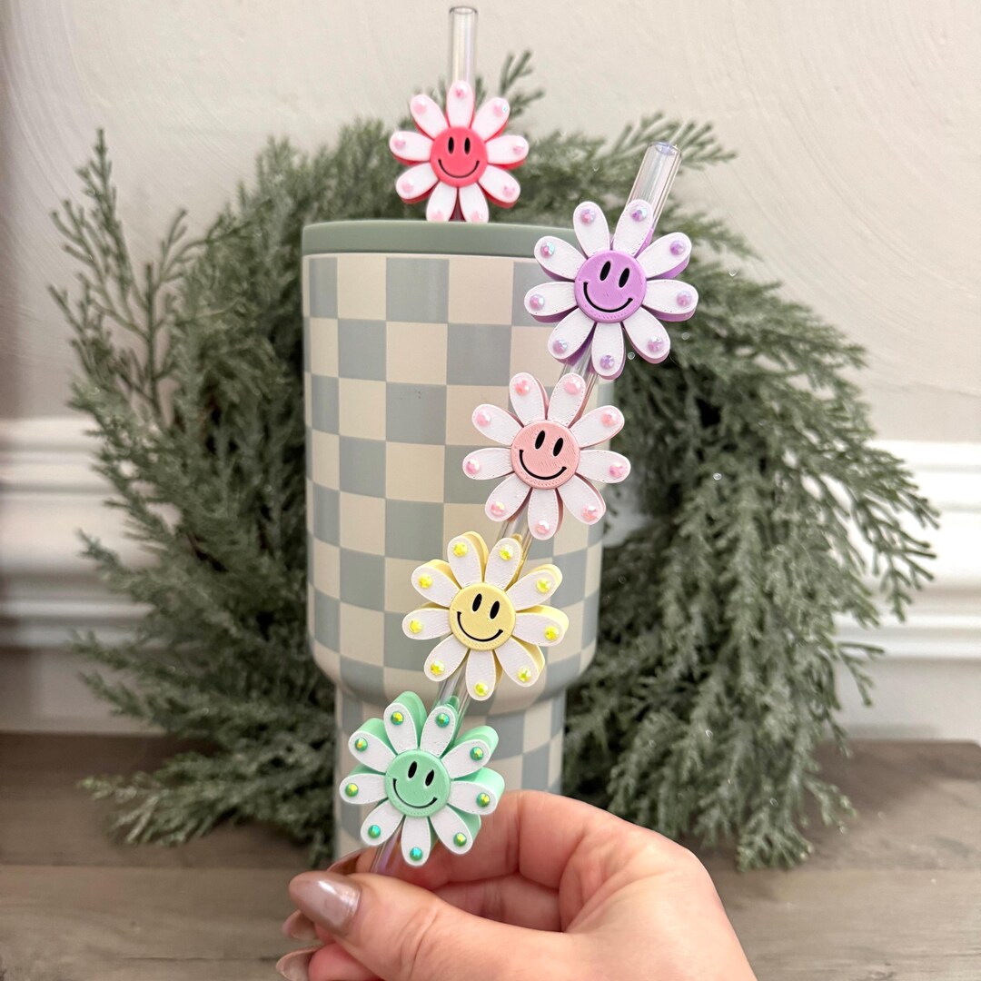 Smiley Daisy Straw Topper 3D Printed Flower Straw Cover Cute Tumbler ...