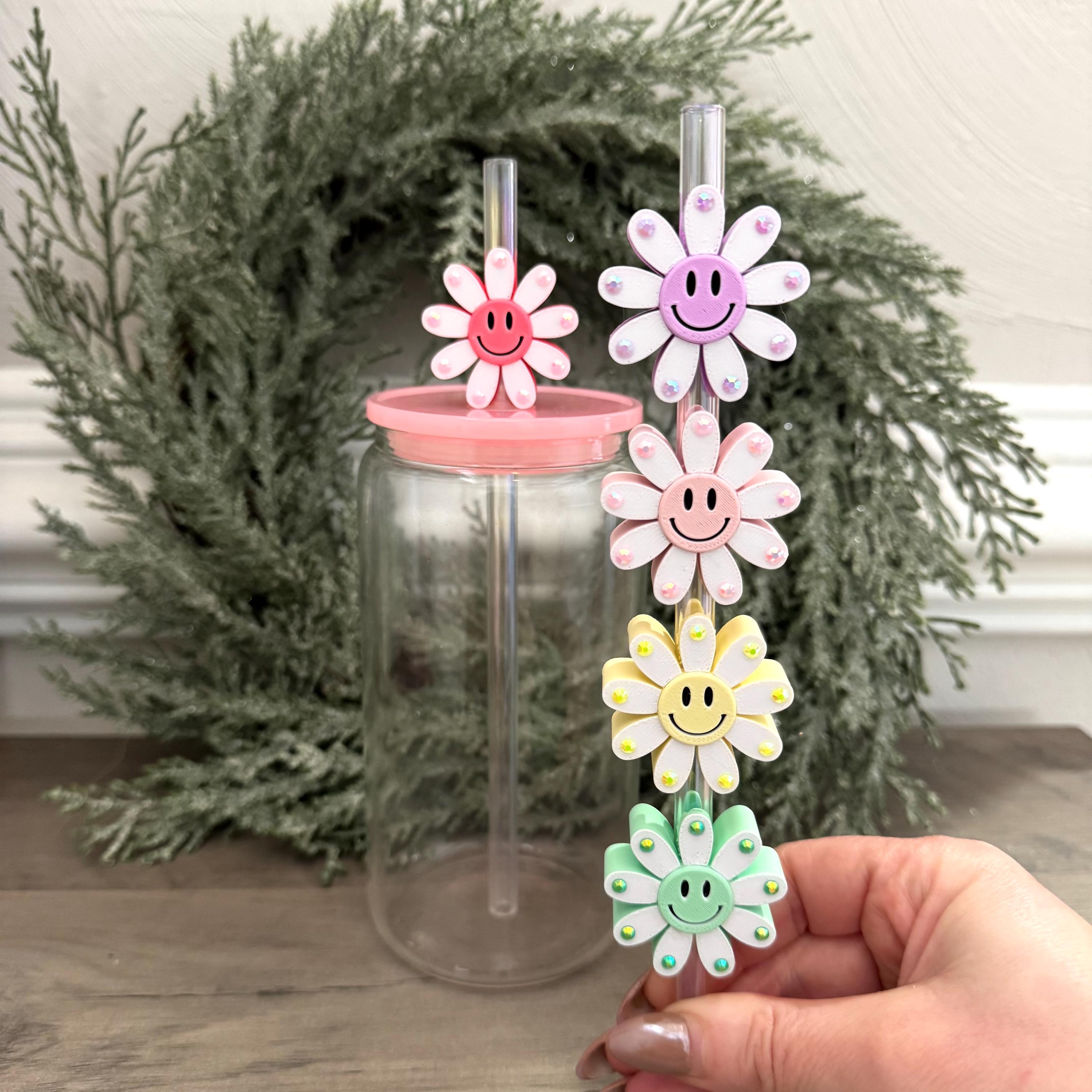 Smiley Daisy Straw Topper 3D Printed Flower Straw Cover Cute Tumbler ...