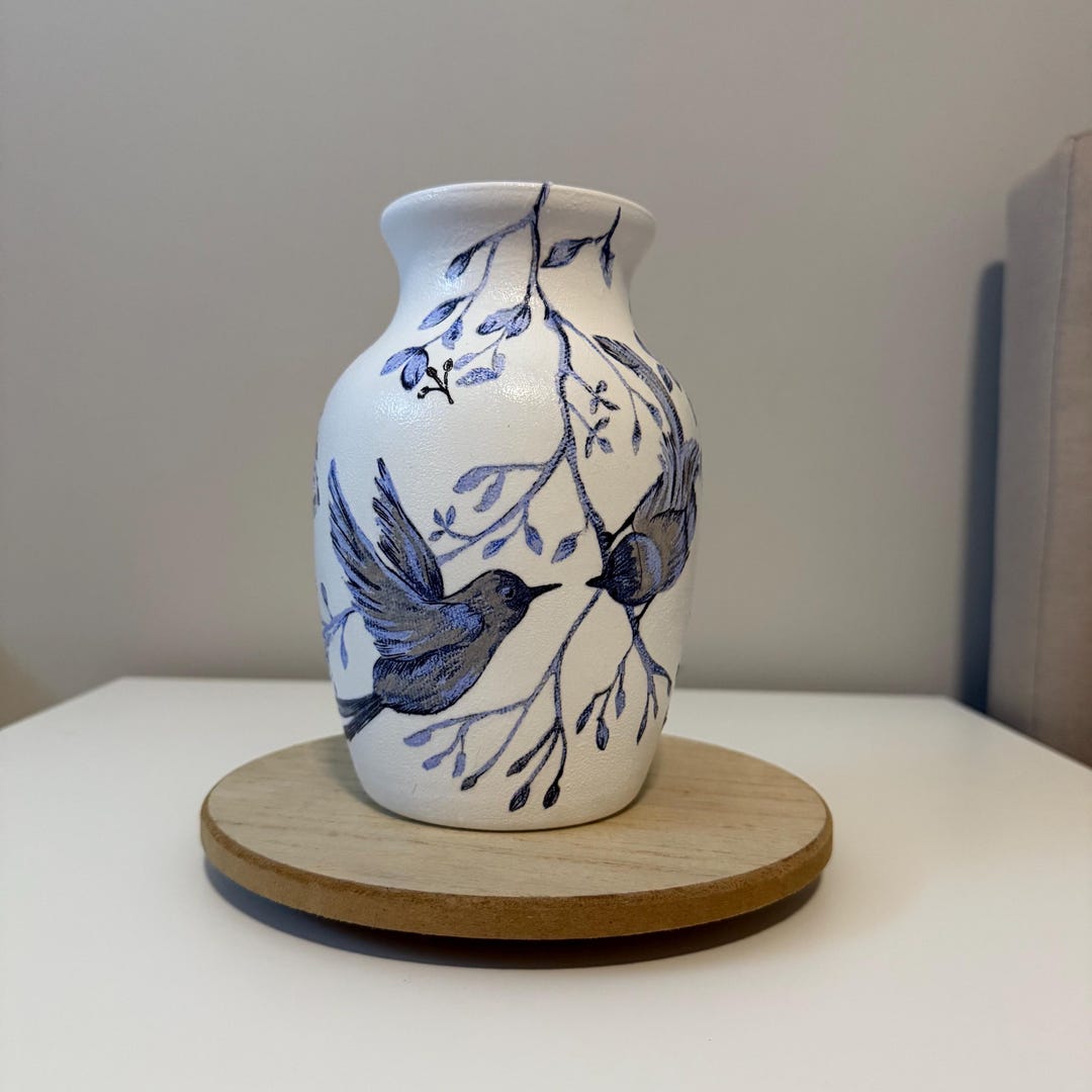 Charming Blue Bird Vase–hand-decoupaged White Ceramic Vase With ...
