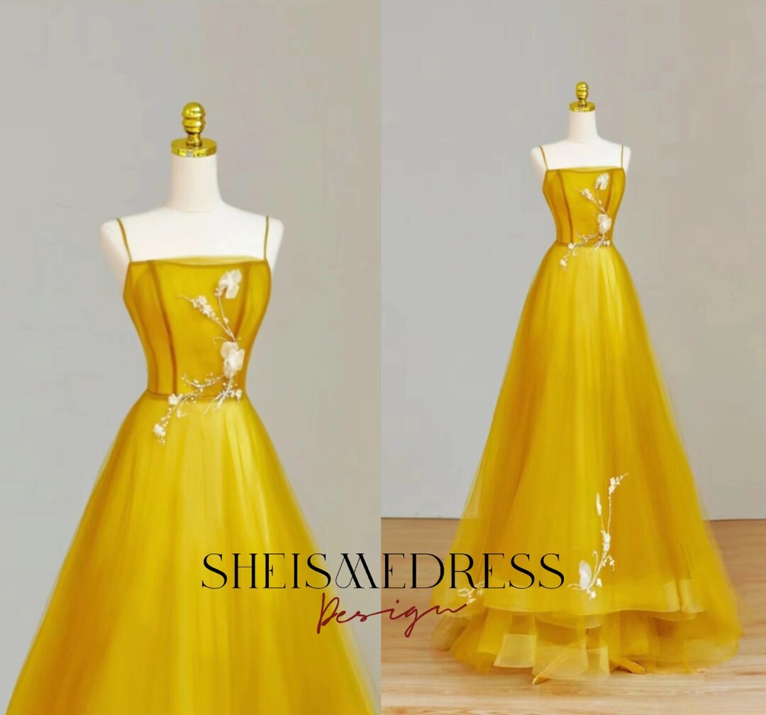 Ginger Yellow 3D Flowers Tulle Dress, Elegant Prom Dress,evening Gown ...