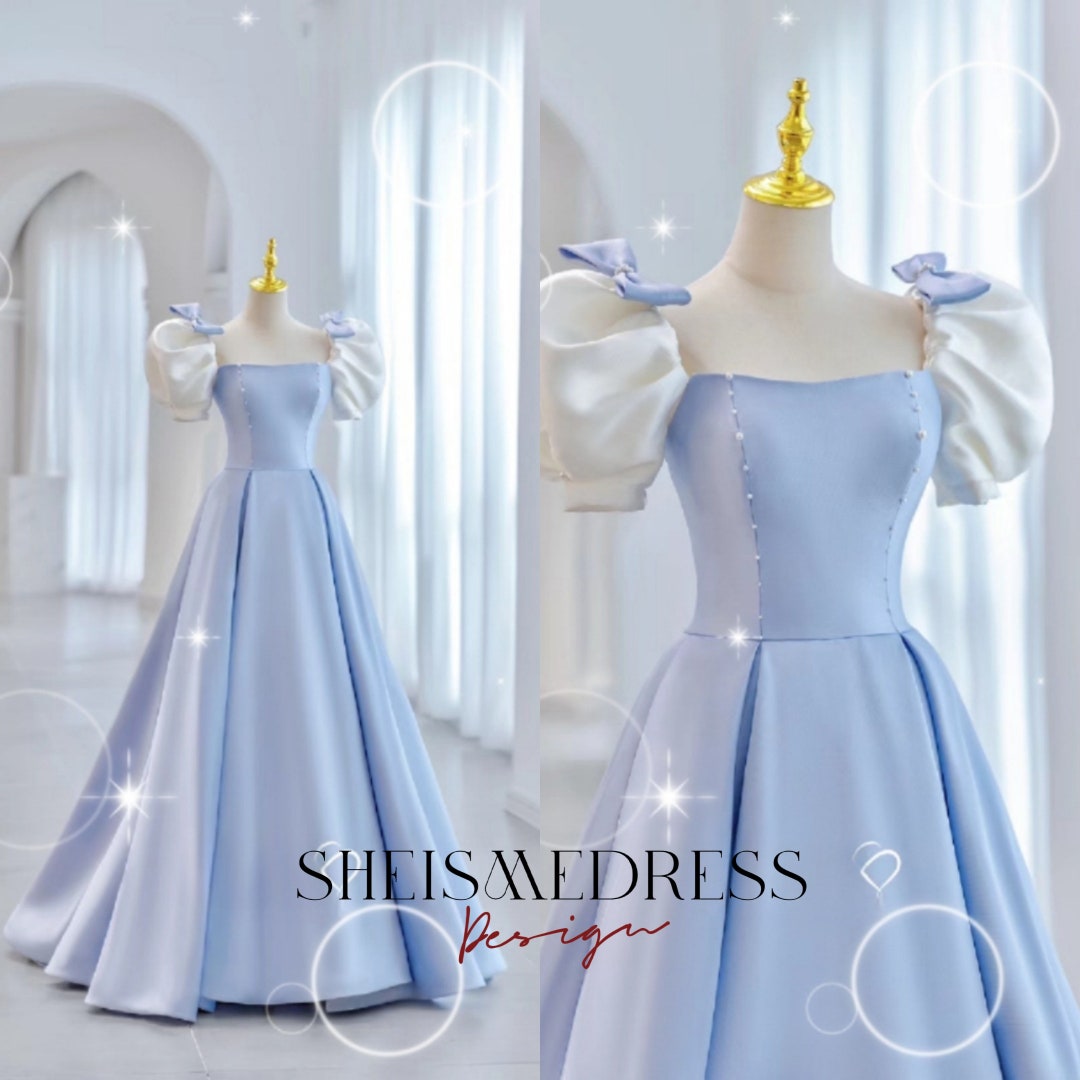 Blue Satin Prom Dress, Puffy Sleeve Prom Dress, Elegant Evening Gown ...