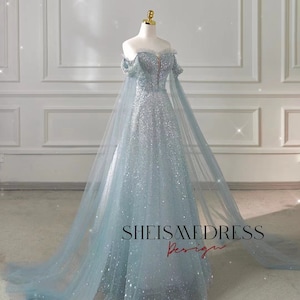 Stunning Baby Blue Lace Long Formal Dresses Sparkling Crystal Prom ...