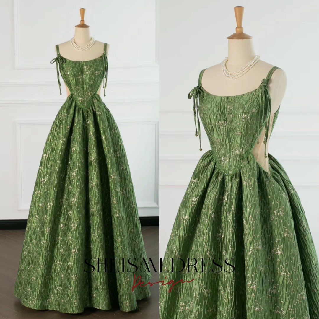 Moss Green Floral Prom Dress 2023 Ball Gown Spaghetti Straps Long ...