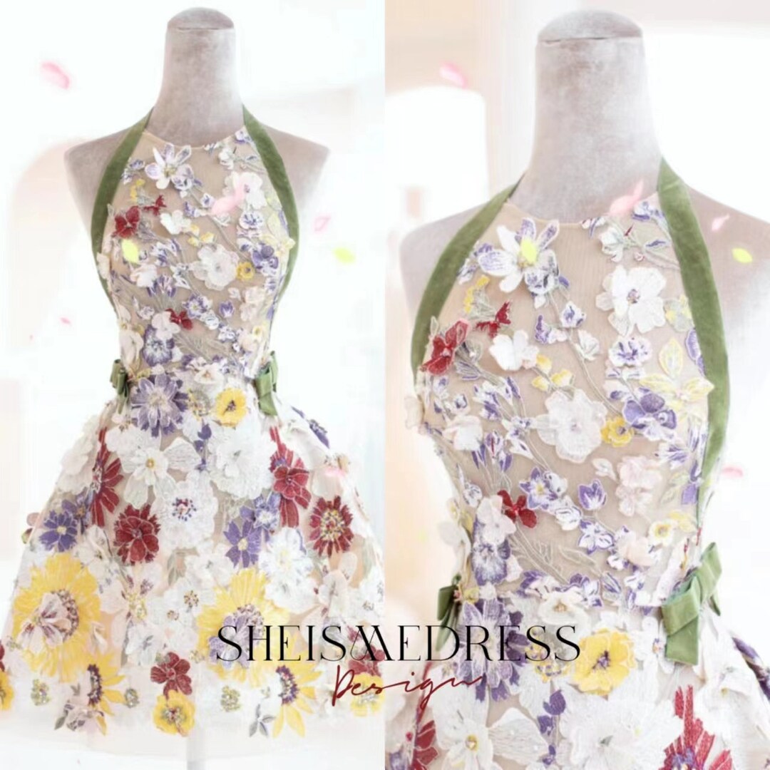 Multi-colored 3D Flower Short Prom Dress Halter Homecoming Dresses - Etsy